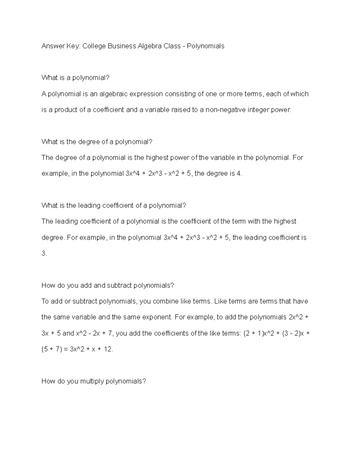 Lecture notes answers polynomials - Answer Key: College Business ...