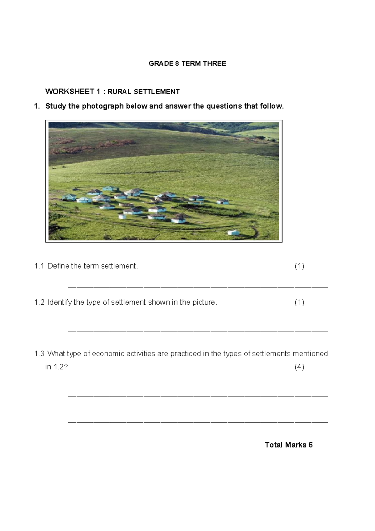 2024 T3 GRD 8 GEO Worksheets-1 - GRADE 8 TERM THREE WORKSHEET 1 : RURAL ...