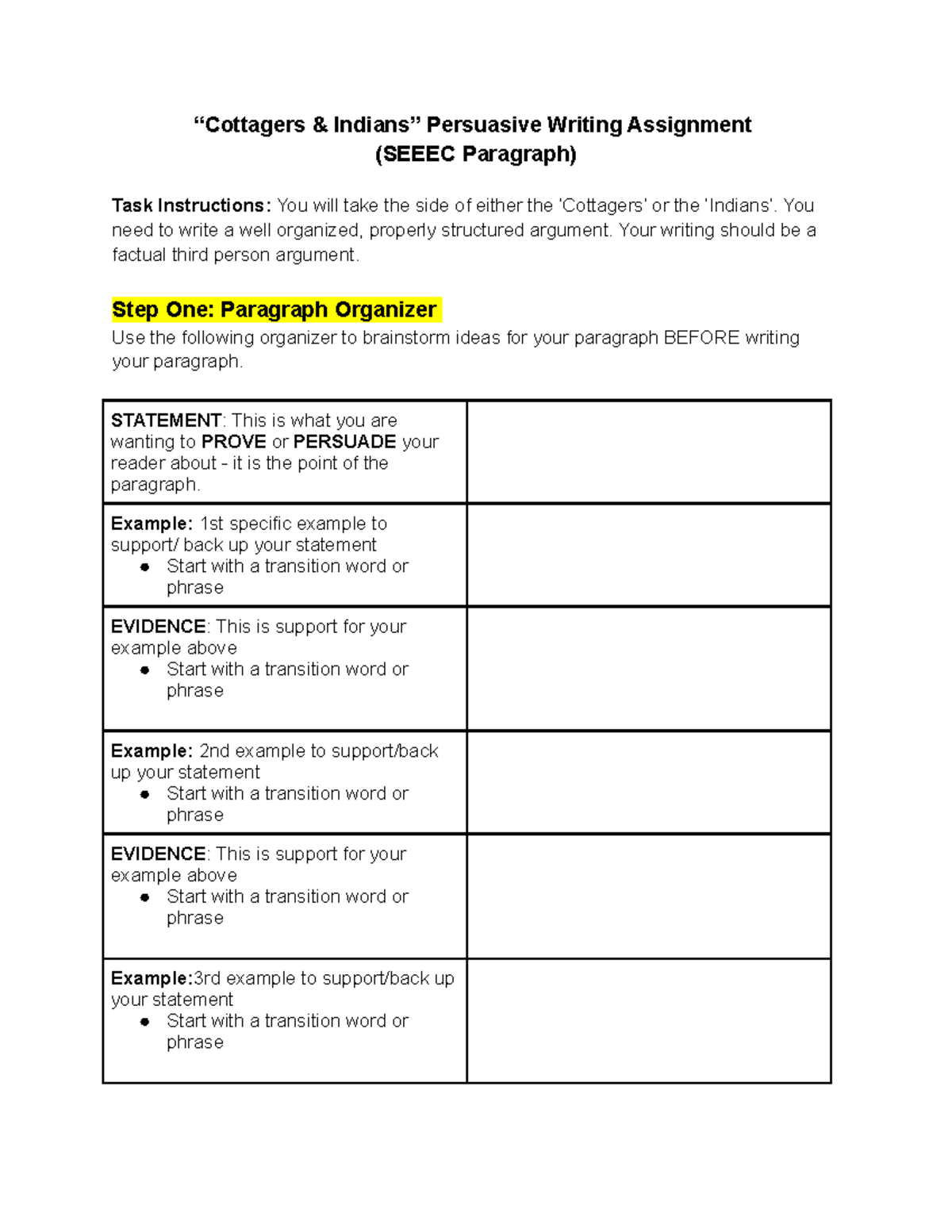 Copy of Cottagers and Indians Seeec Paragraph - “Cottagers & Indians ...