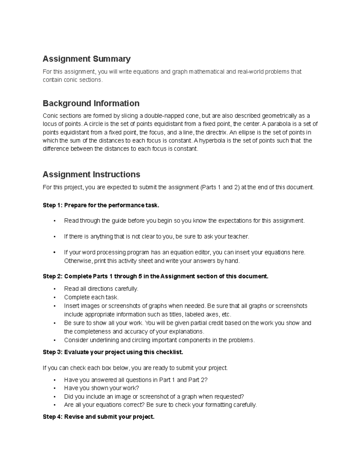 Performance Task - Graphing Conic Sections - Student Guide - Assignment Summary For this ...