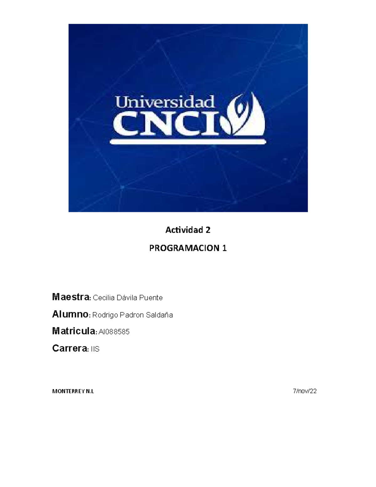 Actividad 2 - Programación 2 - Actividad 2 PROGRAMACION 1 Maestra ...