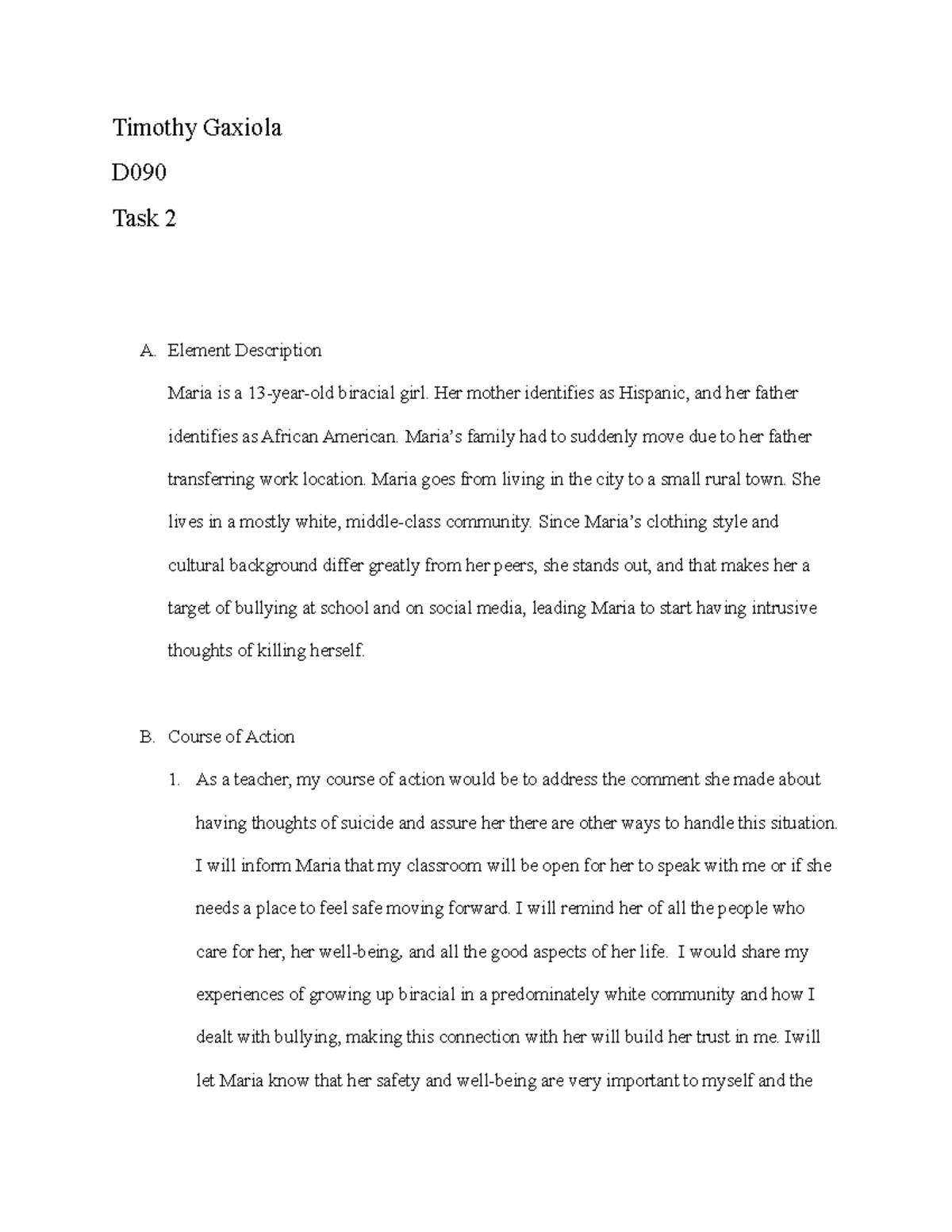D090 task 2 passed - Timothy Gaxiola D Task 2 A. Element Description ...