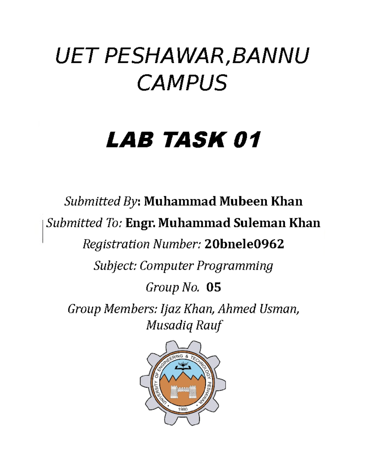 Lab Task 1 C Programming Contains Basic Things For Beginners Uet Peshawar Bannu Campus