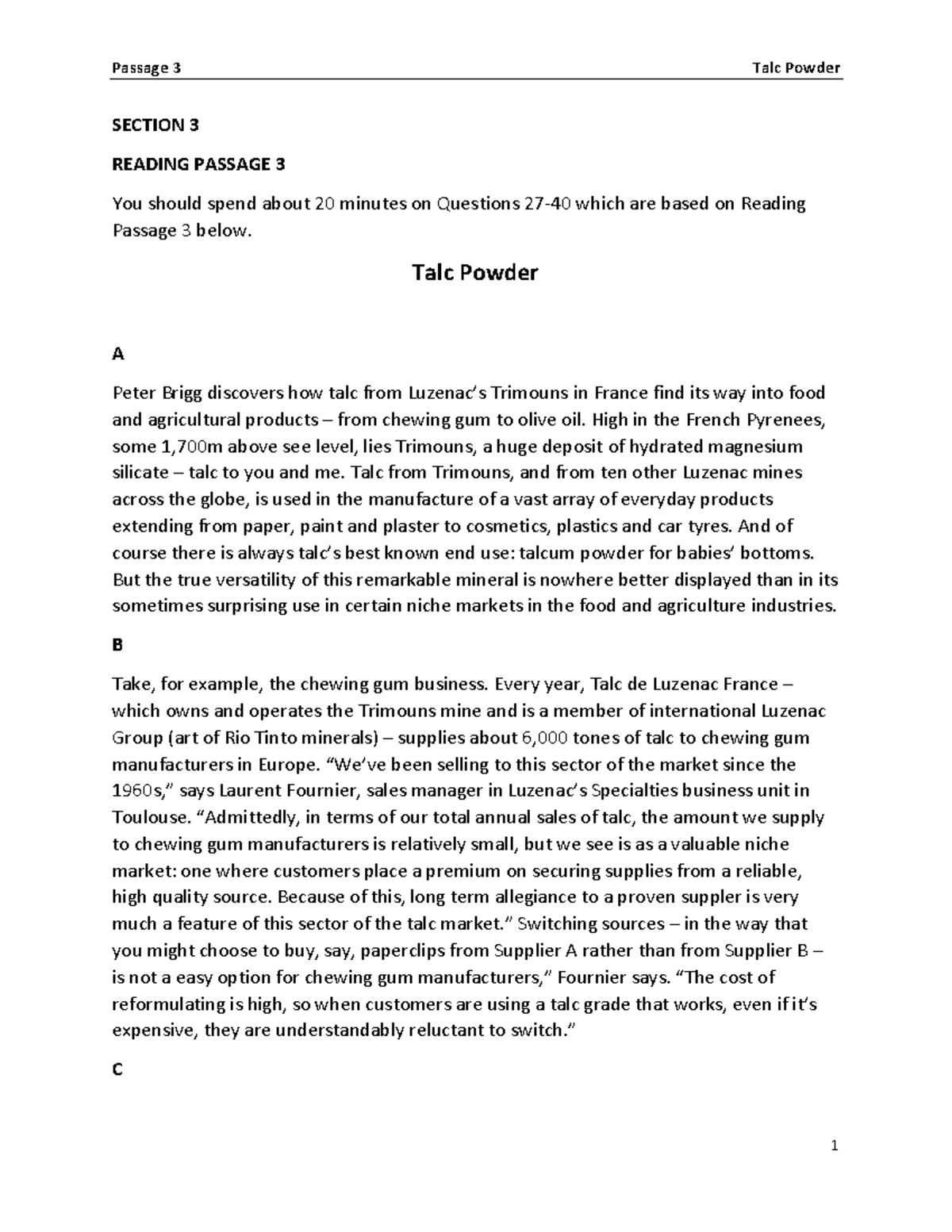 03 Passage 3 - Talc Powder Q27-40 - SECTION 3 READING PASSAGE 3 You should spend about 20 ...