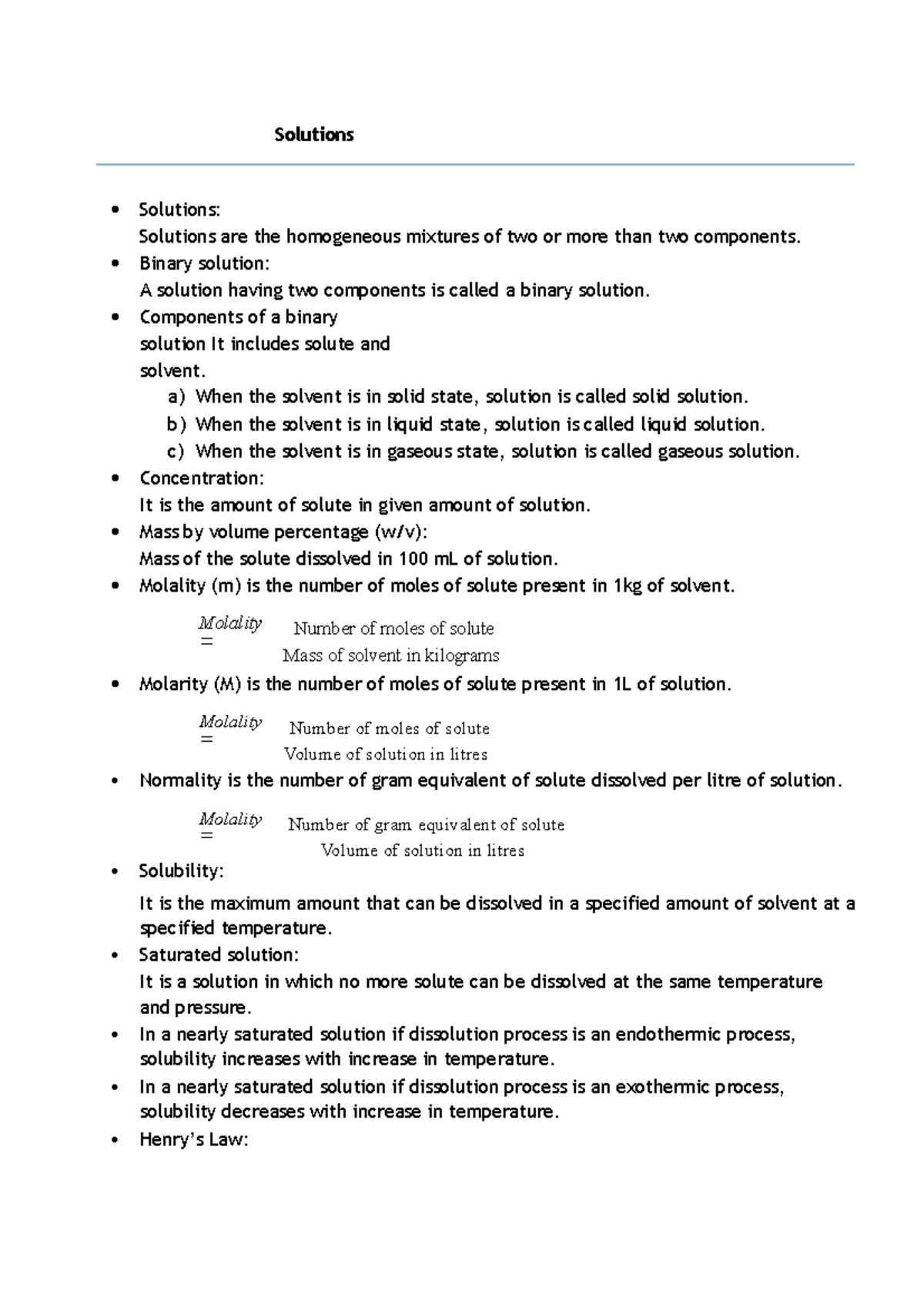 Chemistry notes ch02 solutions - Solutions Solutions: Solutions are the ...