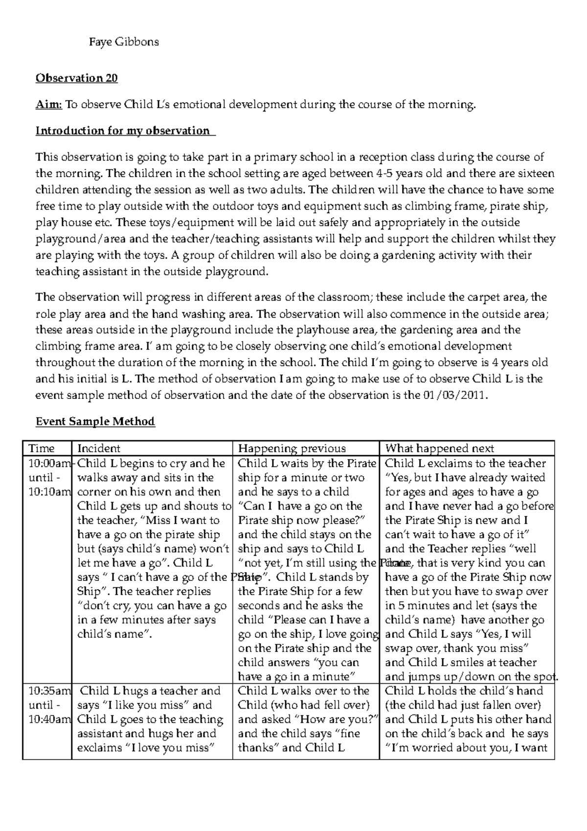 Observation 20 fourth placement - Observation 20 Aim: To observe Child ...