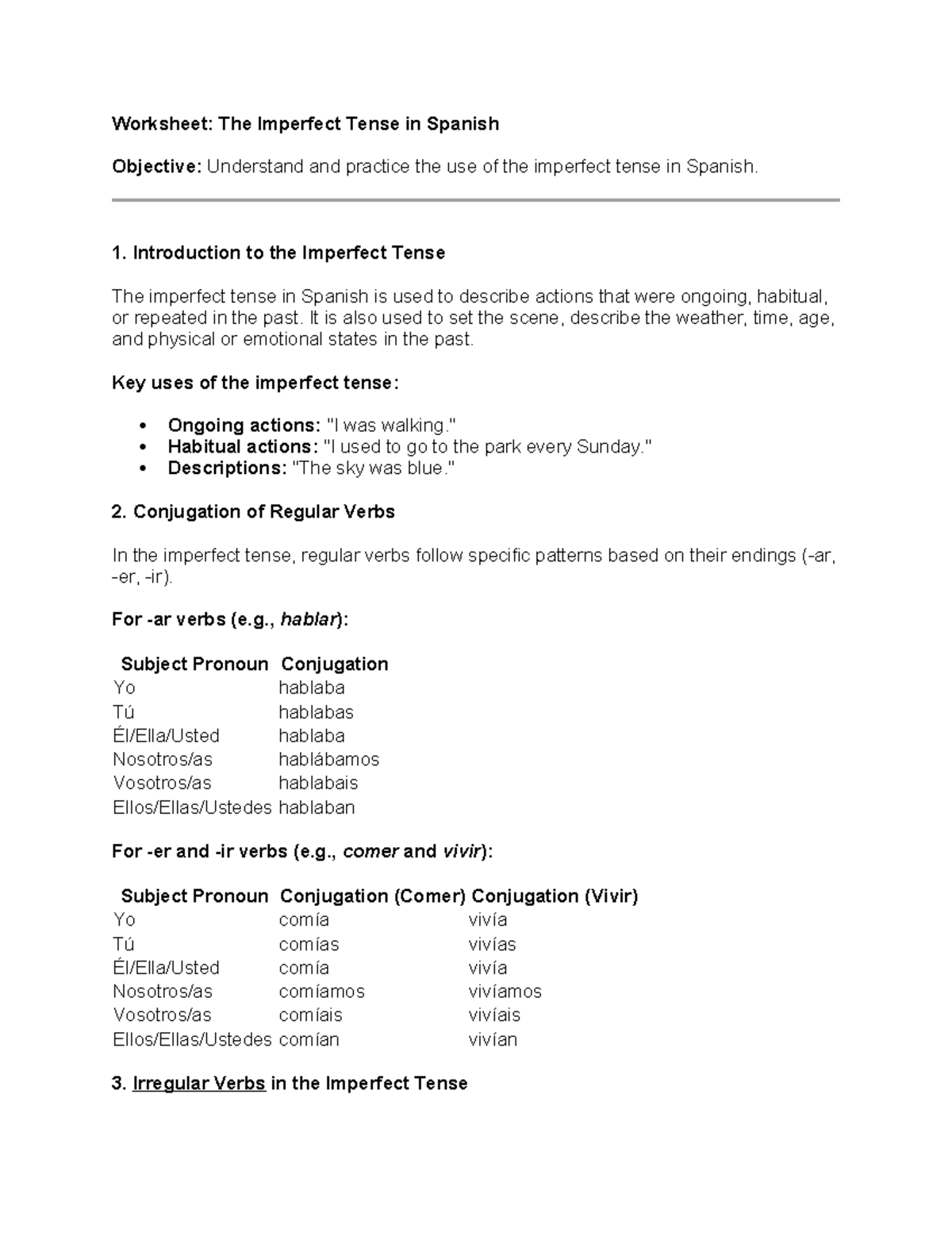 Imprefect Tense Answers - Worksheet: The Imperfect Tense in Spanish ...