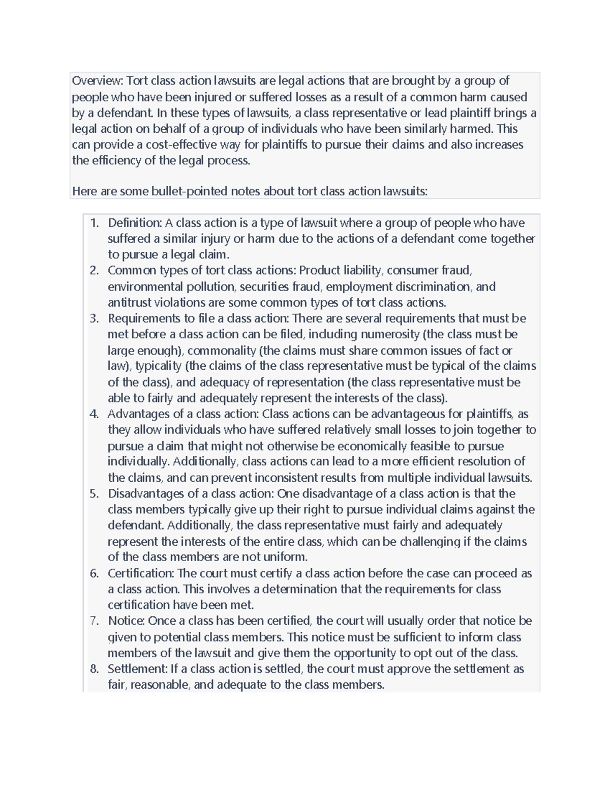 Class Action Suits - Notes - Overview: Tort class action lawsuits are ...