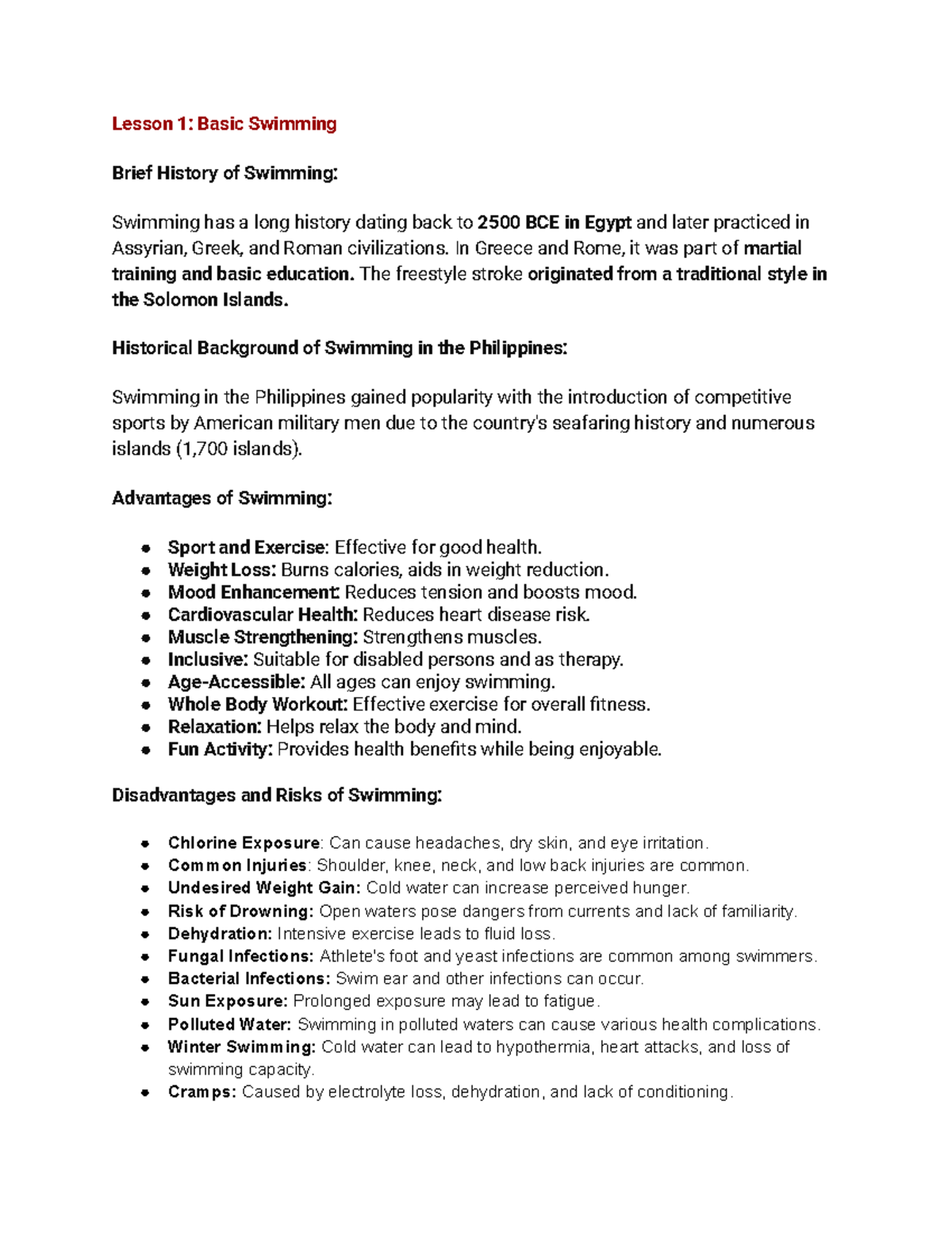 Prelim Swimming - Lesson 1: Basic Swimming Brief History of Swimming ...