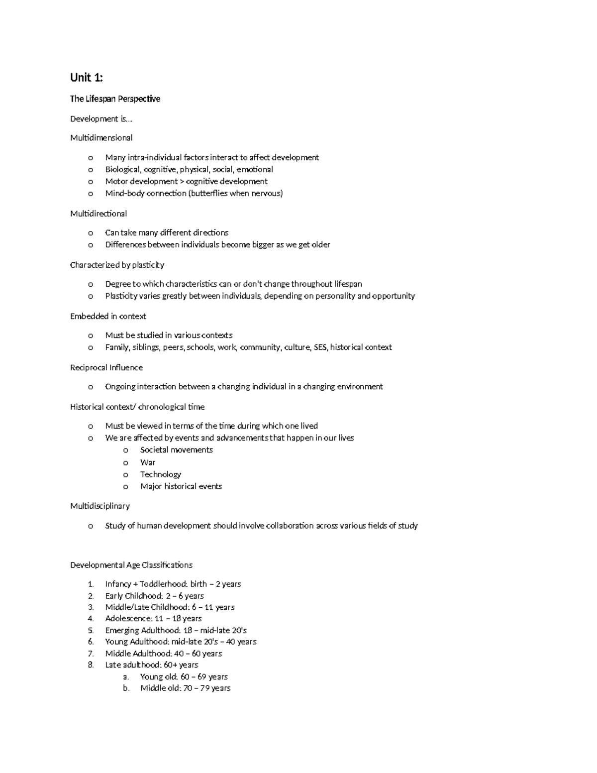 Humandevelopment - lecture notes - Unit 1: The Lifespan Perspective ...