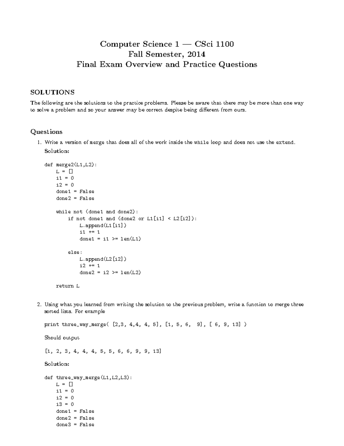 Fall 2014 Final Exam Overview And Answers Computer Science 1 — Csci