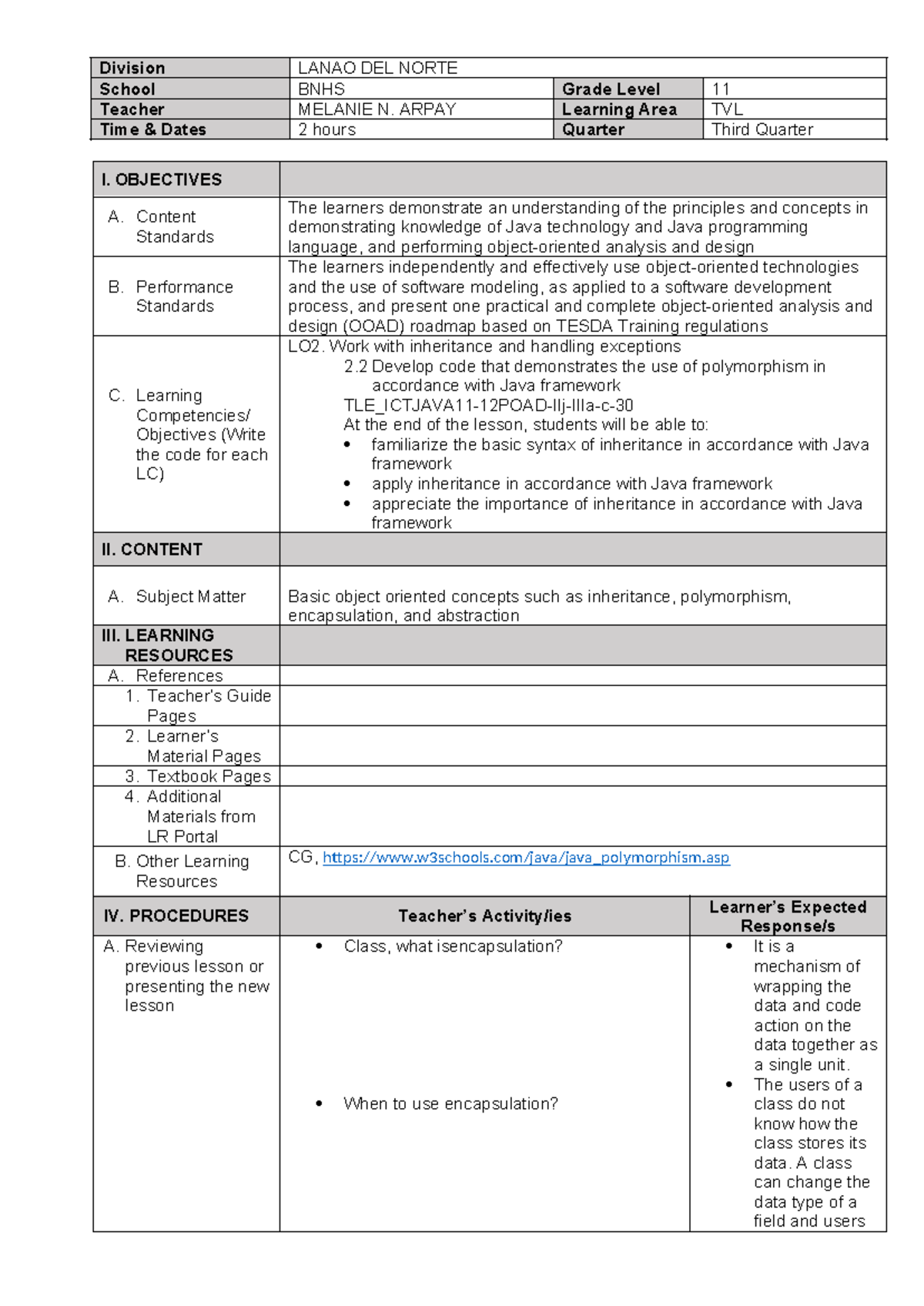 Computer Programing - Division LANAO DEL NORTE School BNHS Grade Level ...