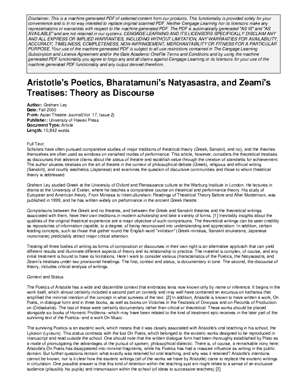 Aristotle's Poetics, Bharatamuni's Natyasastra, and Zeami's Treatises: Theory as Discourse - Studocu