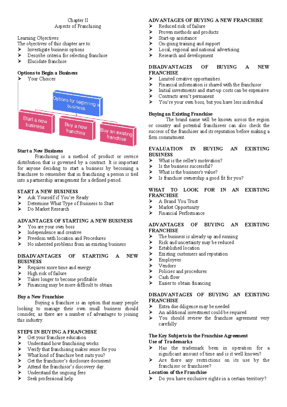 Chapter 2 - goodluck - Chapter II Aspects of Franchising Learning Objectives The objectives of ...