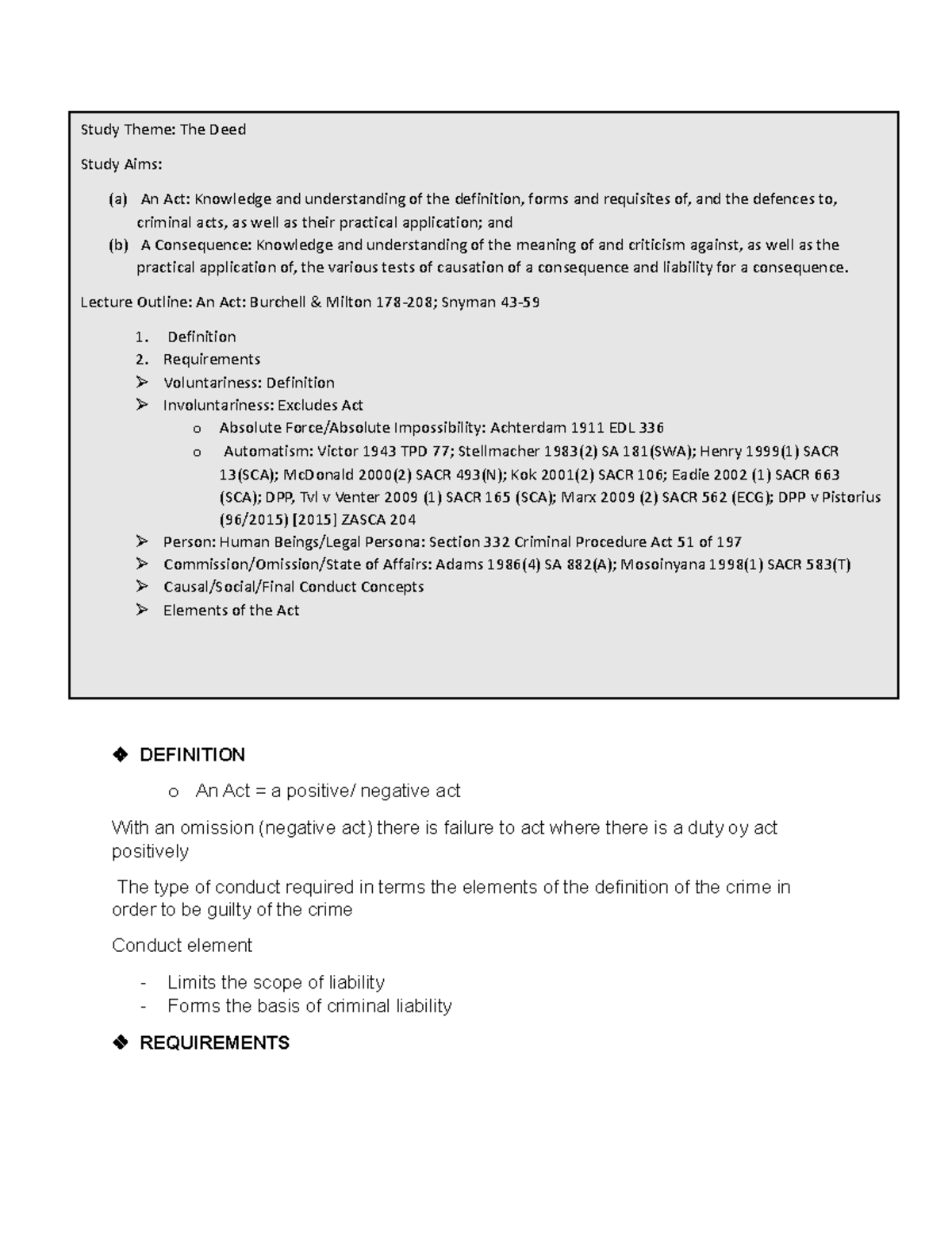 The Deed (Act or omission) - DEFINITION o An Act = a positive/ negative ...