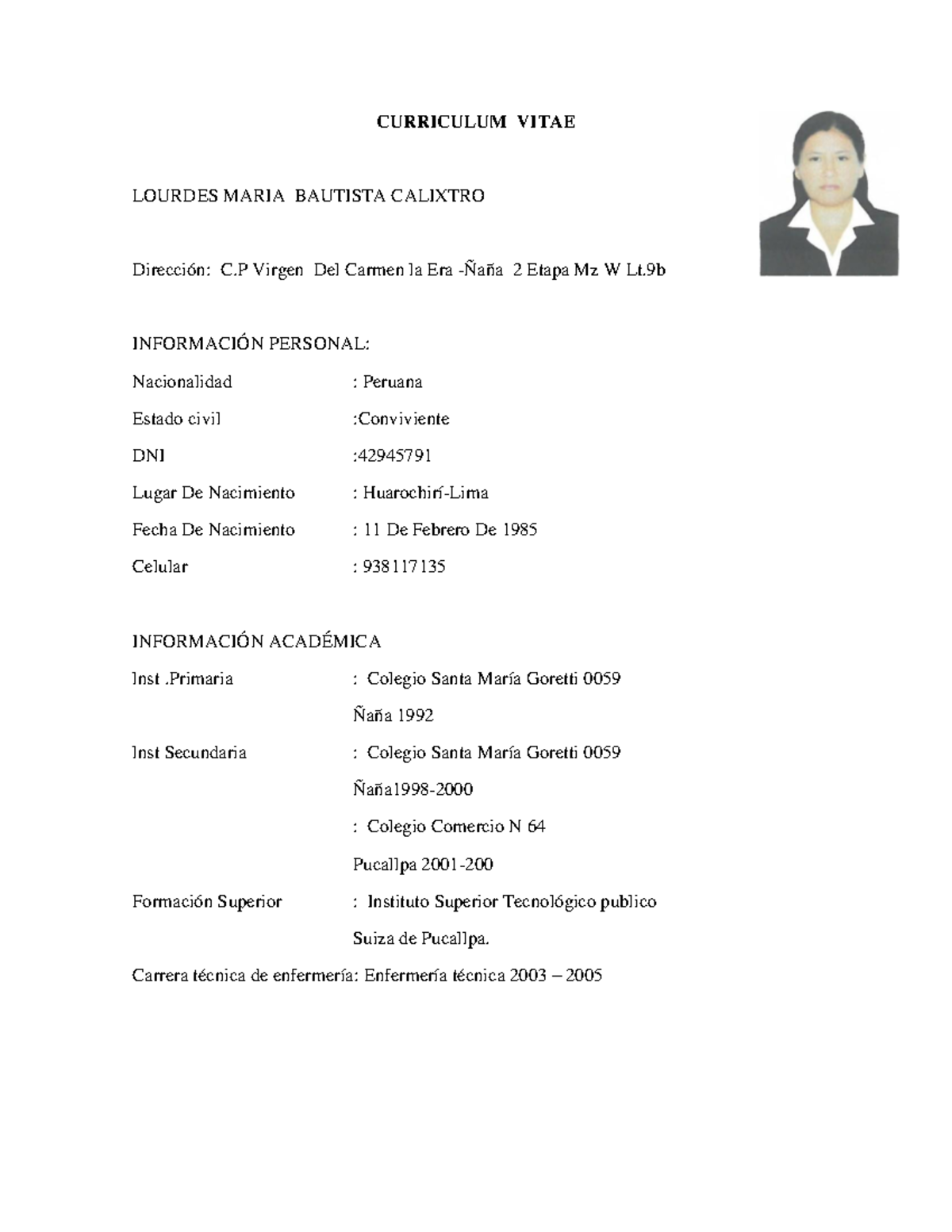 Cv Final DE LOS Finales 1 - CURRICULUM VITAE LOURDES MARIA BAUTISTA ...