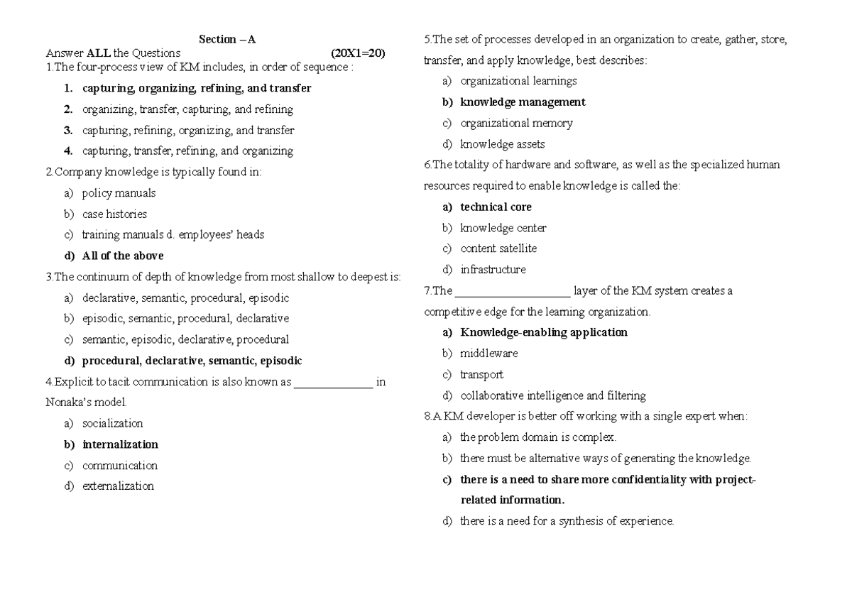 Knowledge Management - model question - Section – A Answer ALL the ...