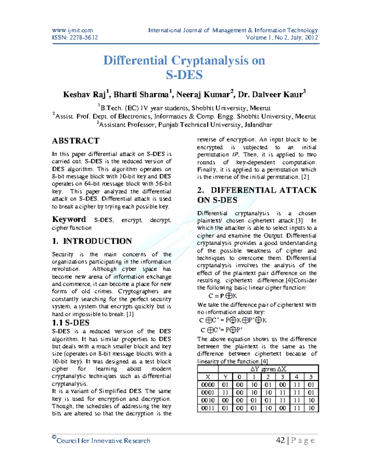 Differential Cryptanalysis on S-DES - ISSN: 2278-5612 Volume 1, No 2 ...