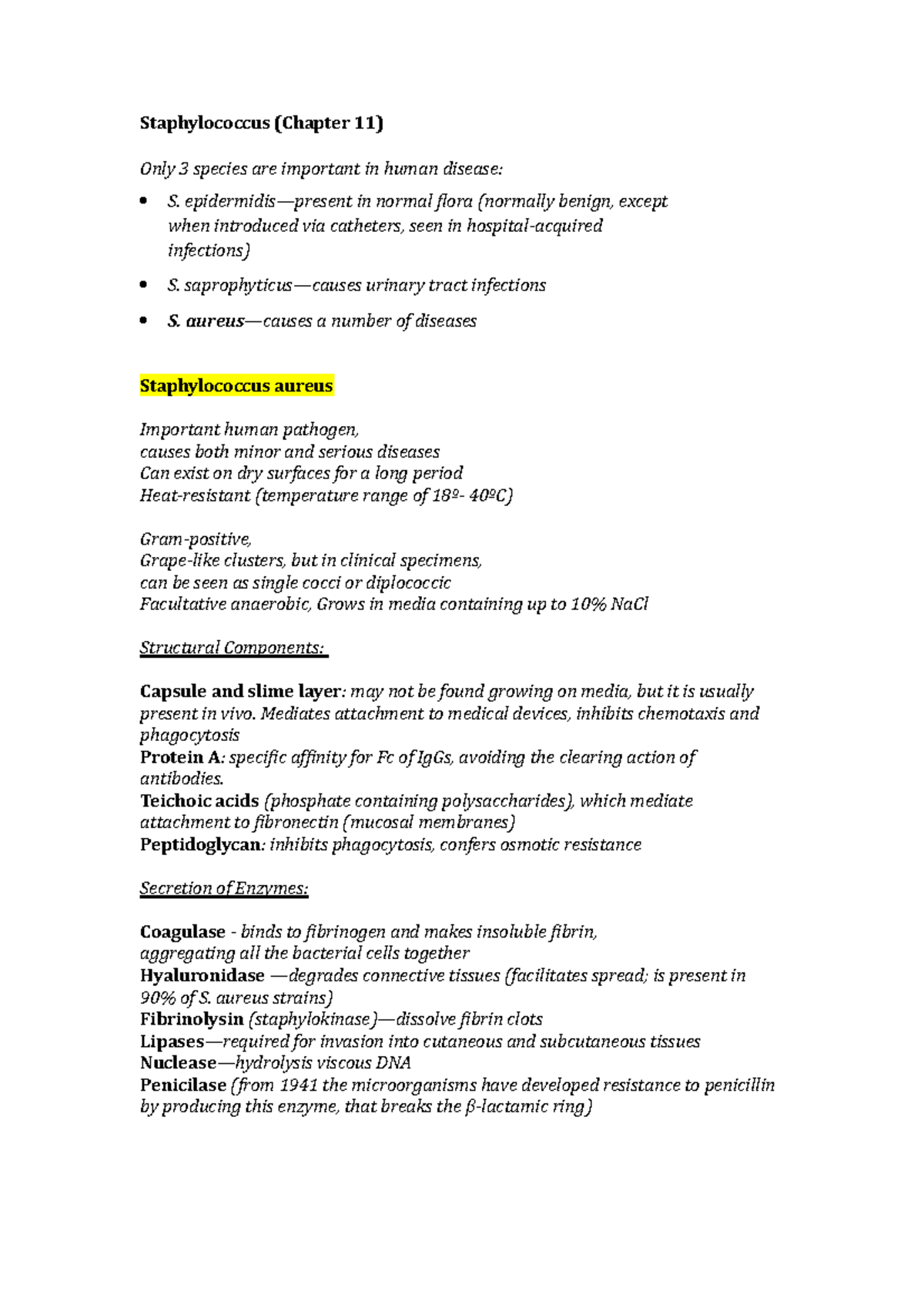 Microbiology Notes - Staphylococcus (Chapter 11) Only 3 species are ...