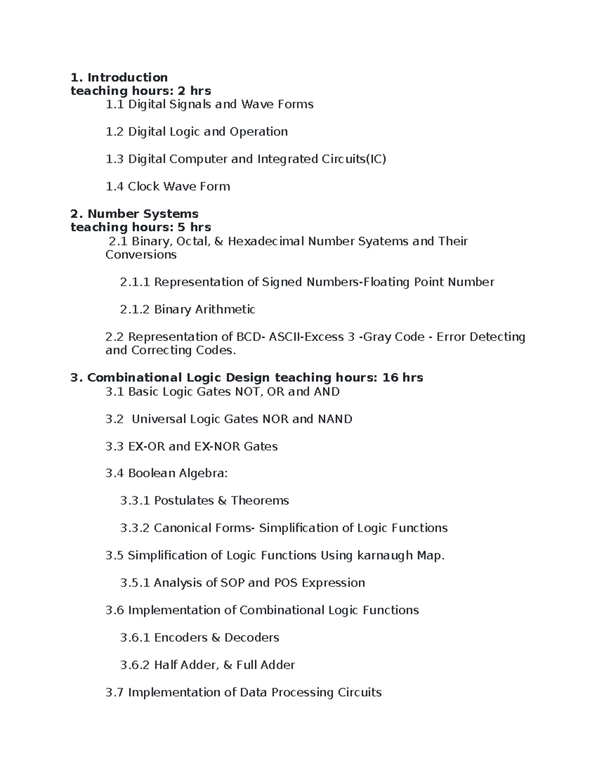 Digital Logic Syllabus - Introduction teaching hours: 2 hrs 1 Digital ...