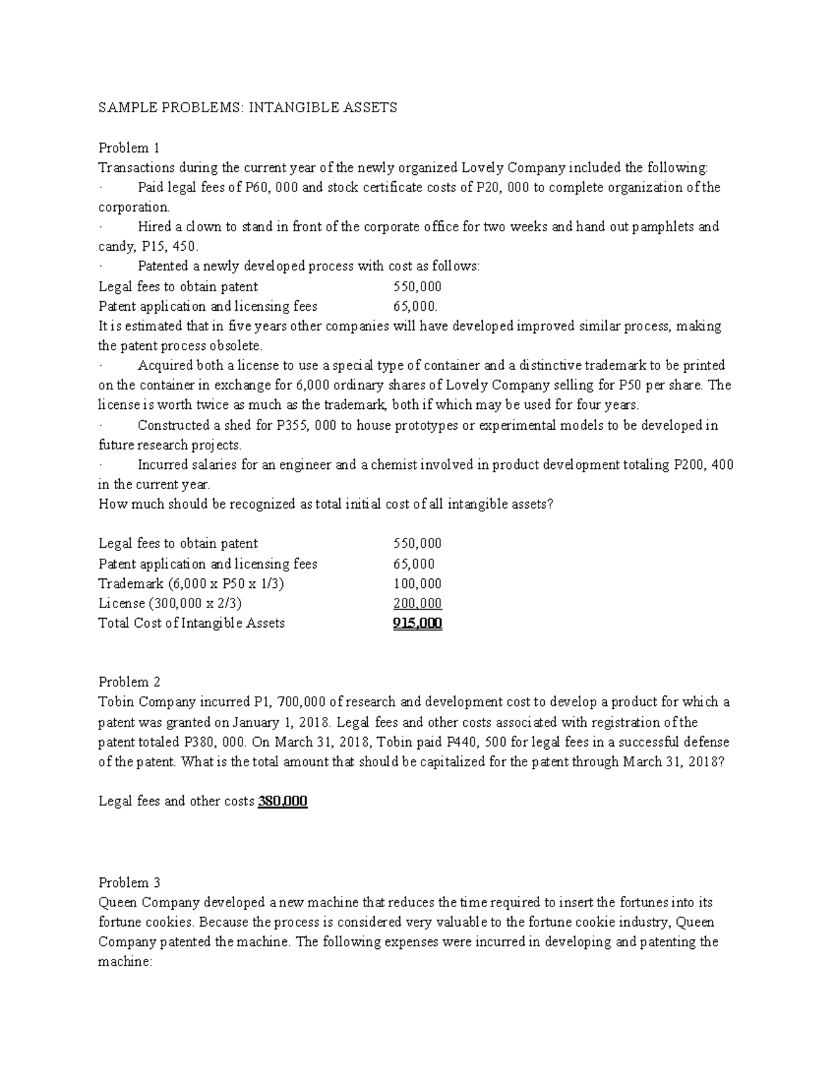 Pdfcoffee - Intangible asset - Review materials - SAMPLE PROBLEMS: INTANGIBLE ASSETS Problem 1 ...