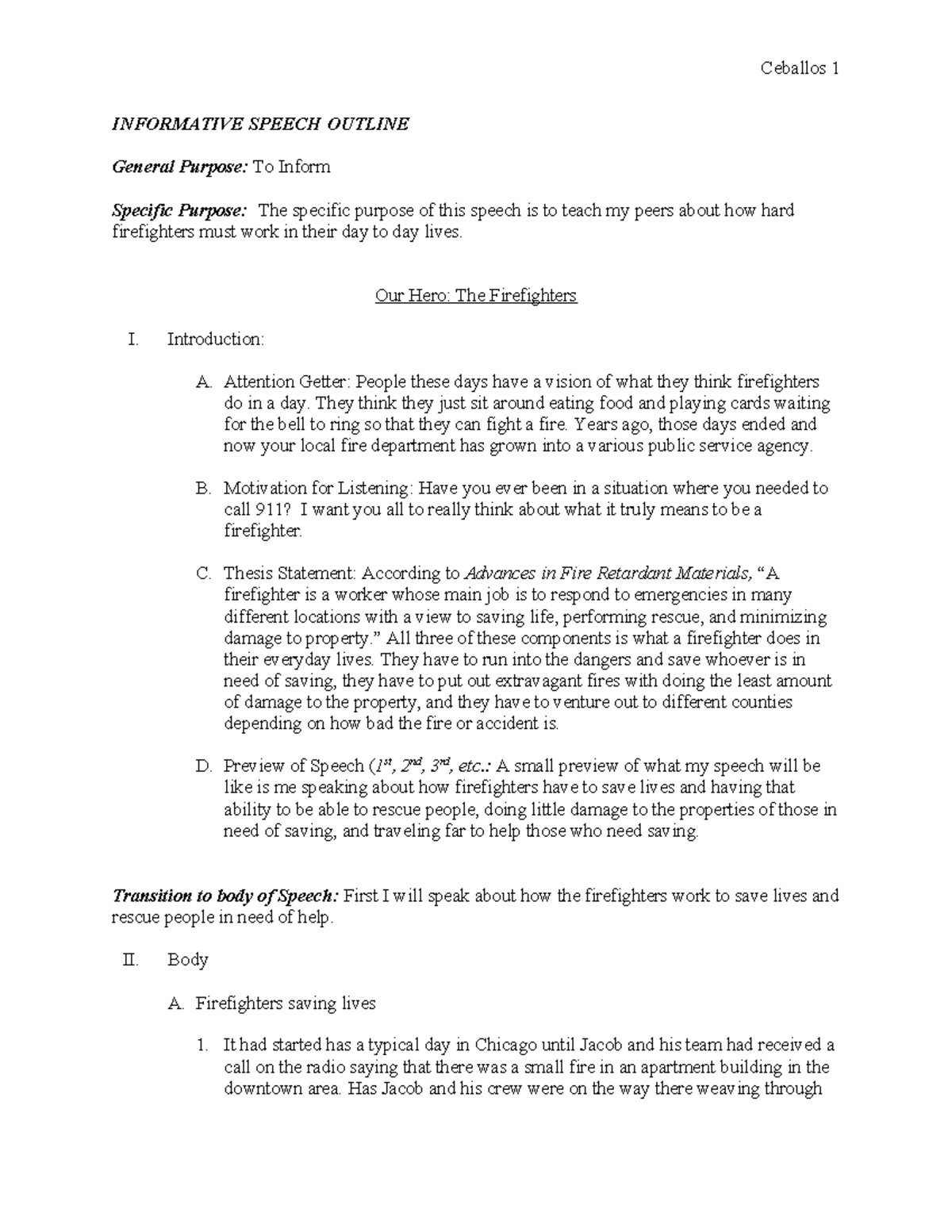 Firefighter Informative Speech Outline - INFORMATIVE SPEECH OUTLINE ...