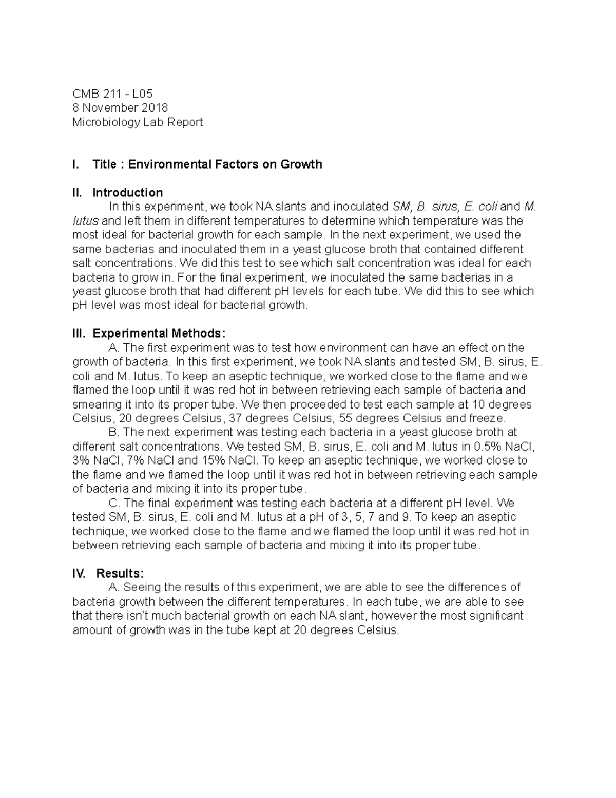 CMB211 URI Lab Report - CMB 211 L05 8 November 2018 Microbiology Lab ...