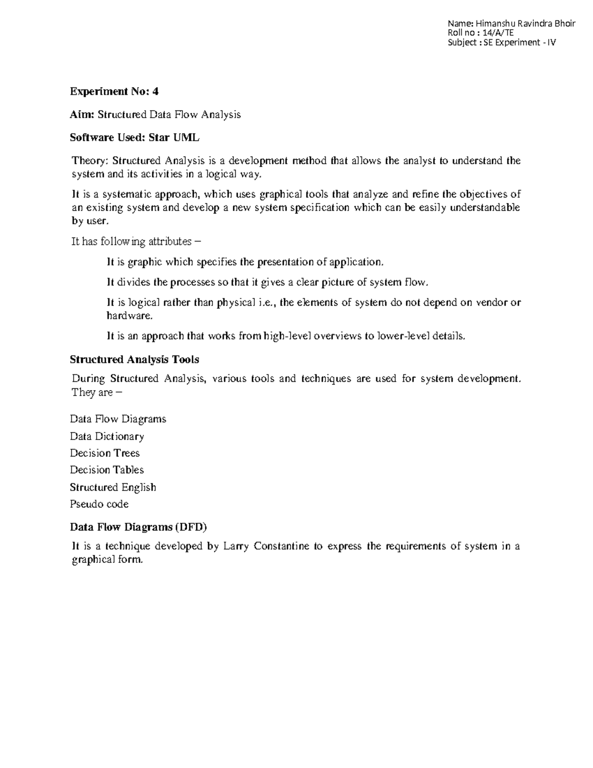 Prac 4 Good Experiment No 4 Aim Structured Data Flow Analysis Software Used Star Uml