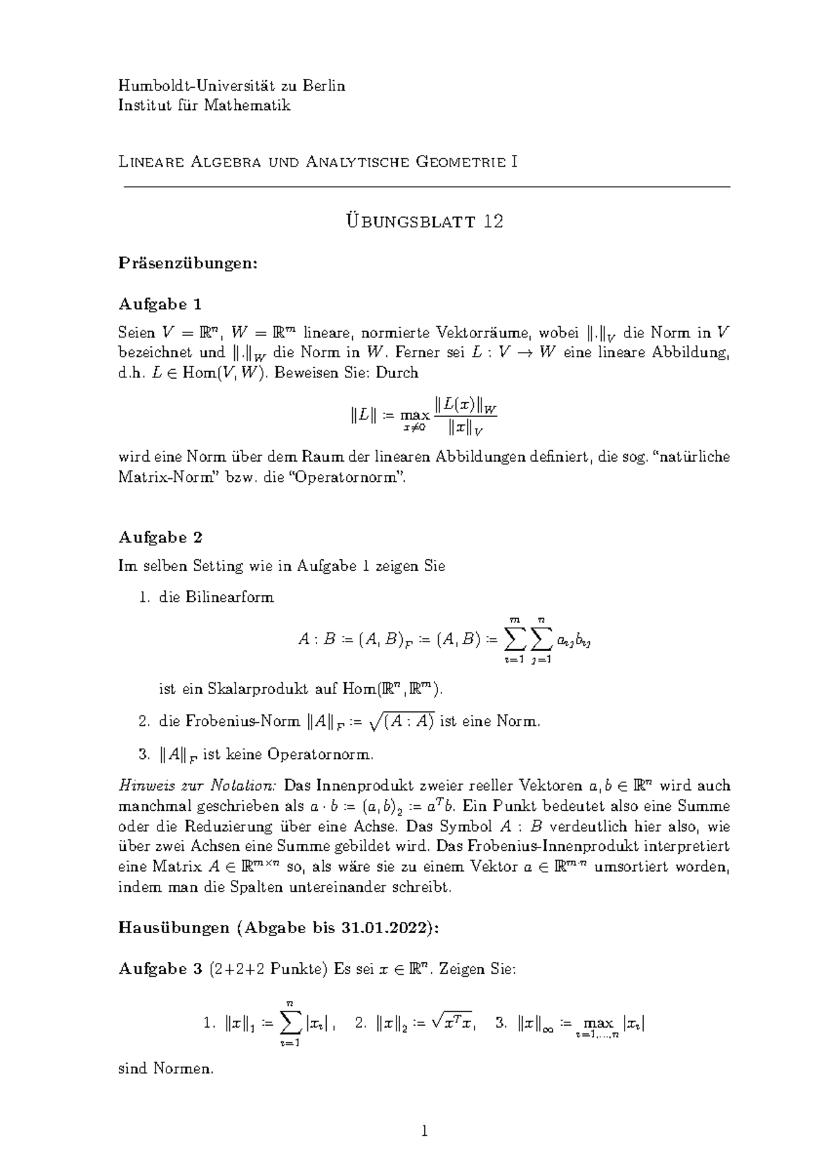Lin A1 Übungsblatt 12 - Humboldt-Universität zu Berlin Institut für Mathematik Lineare Algebra ...