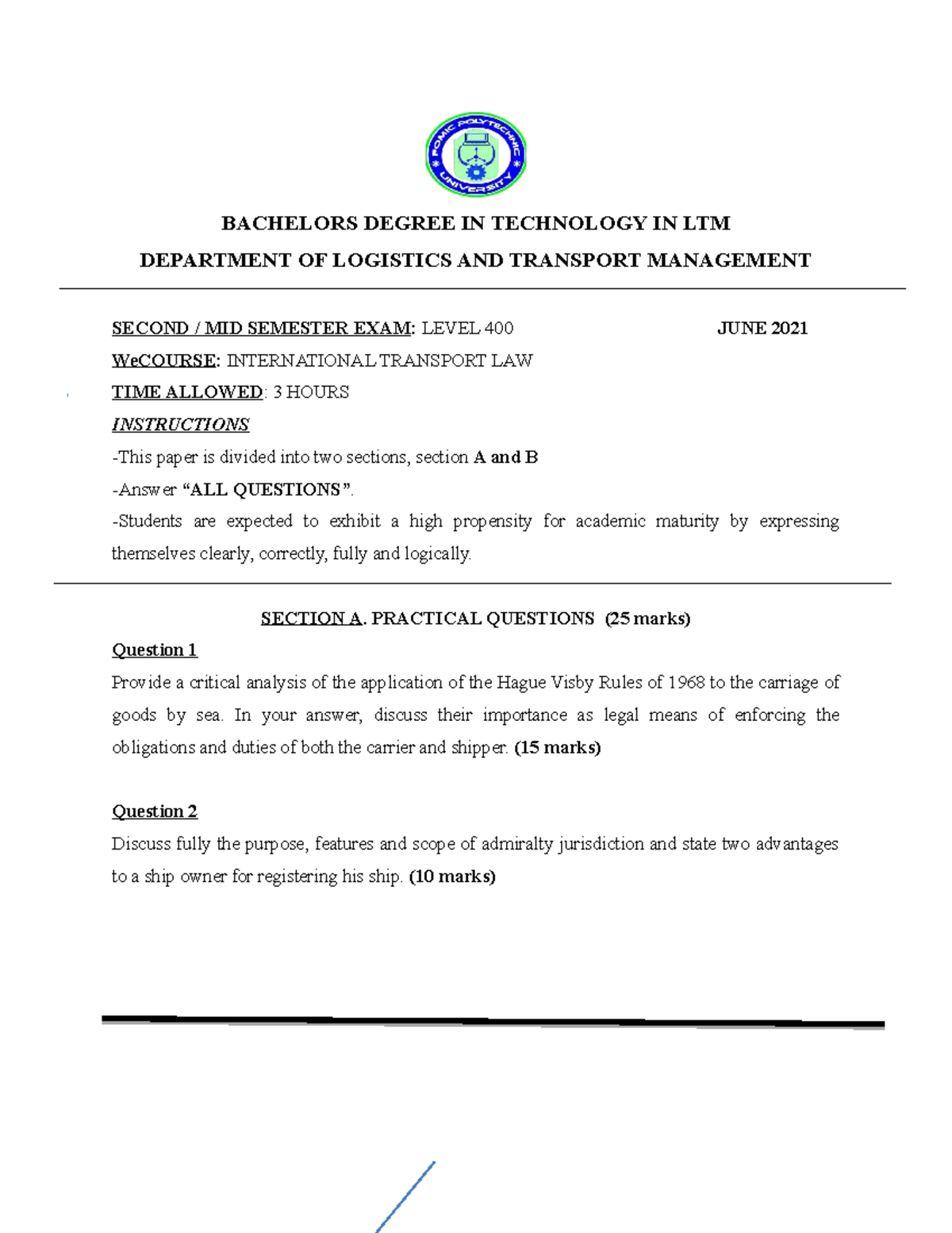 International Transport LAW EXAM Fomic Polytechnic - BACHELORS DEGREE IN TECHNOLOGY IN LTM - Studocu