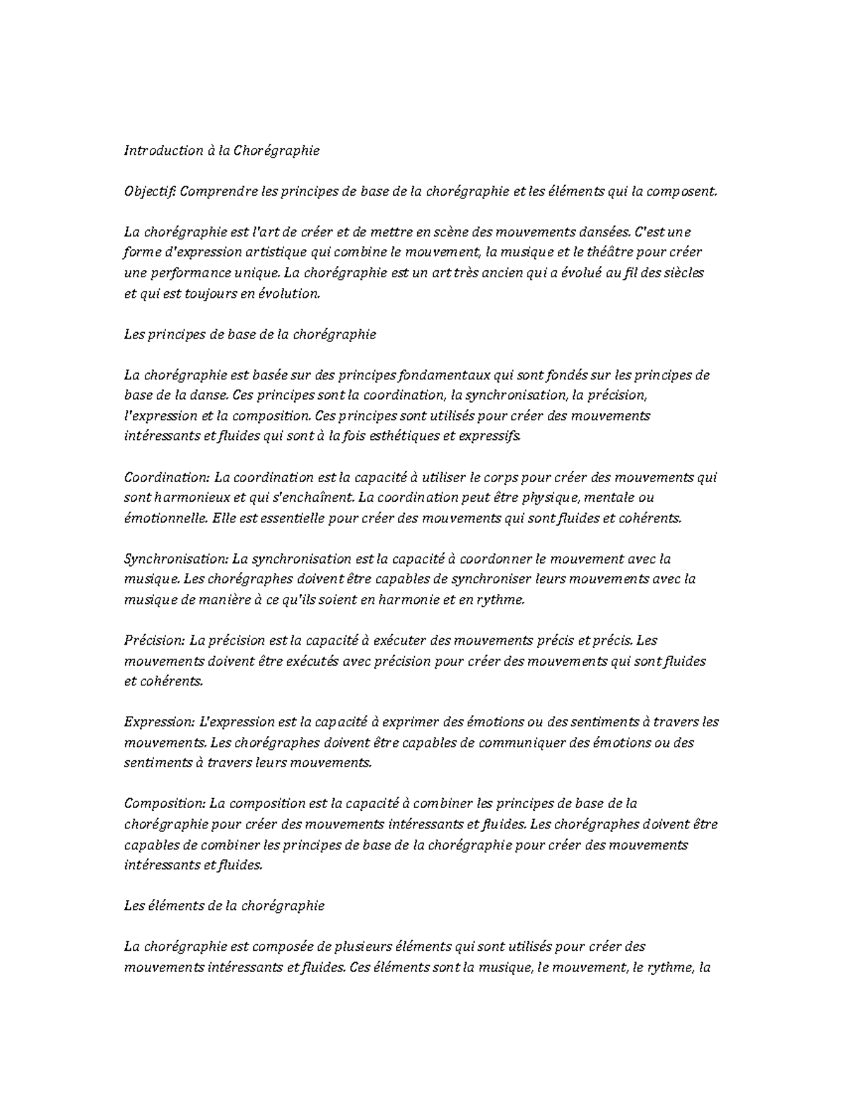 Choreography Notes de cours - Introduction à la Chorégraphie Objectif ...