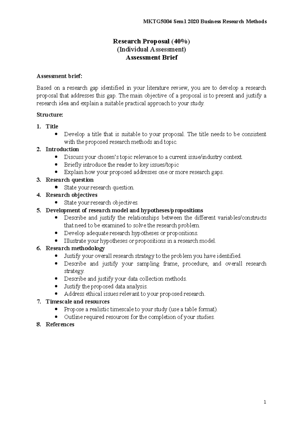 Sem1 2020 BRM Research proposal brief - Research Proposal (40% ...