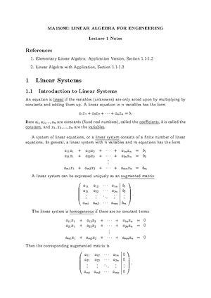MA1508E FY Cheatsheet - MA1508E: Linear Algebra for Engineering Equivalent Statements Let be a ...