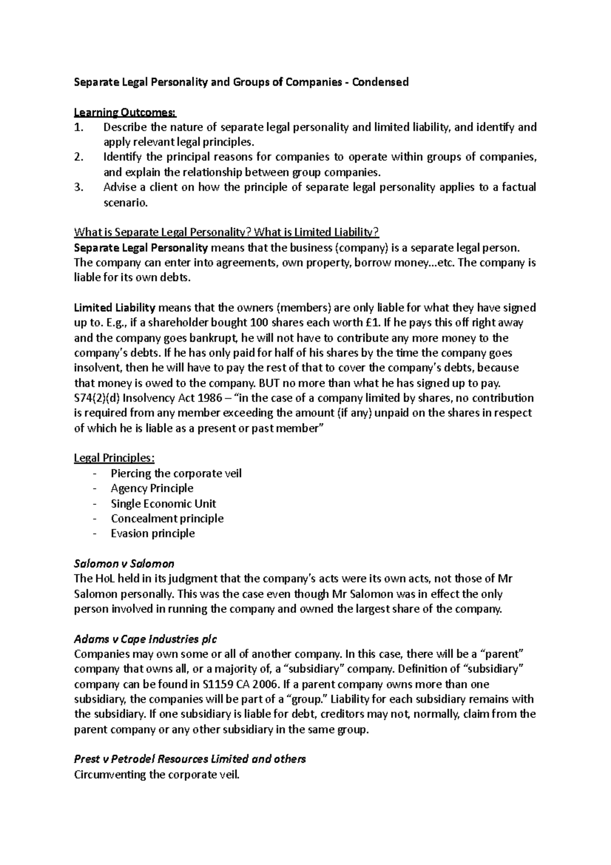 Separate Legal Personality and Company Groups Condensed - Separate ...