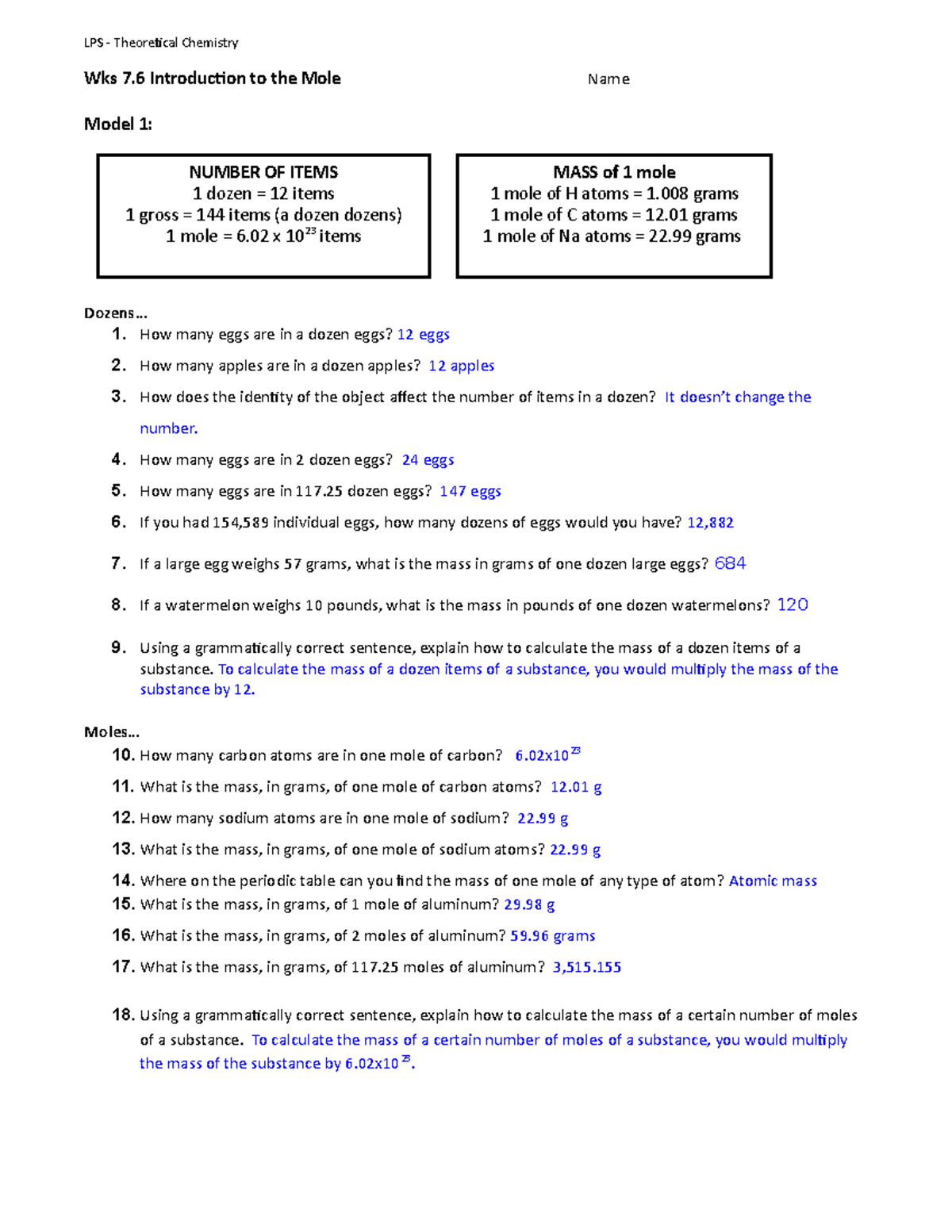 7.6 Intro to the Mole Pogil - LPS - Theoretical Chemistry Wks 7 ...