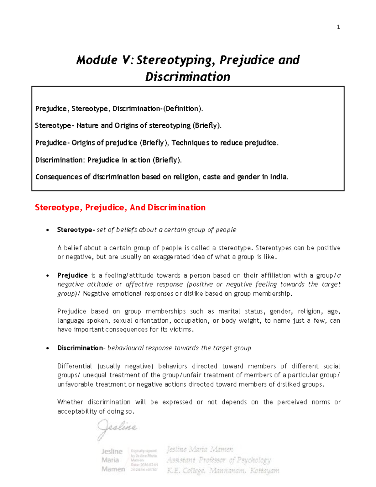 Module 5 sem 3 social psychology - 1 Module V: Stereotyping, Prejudice ...