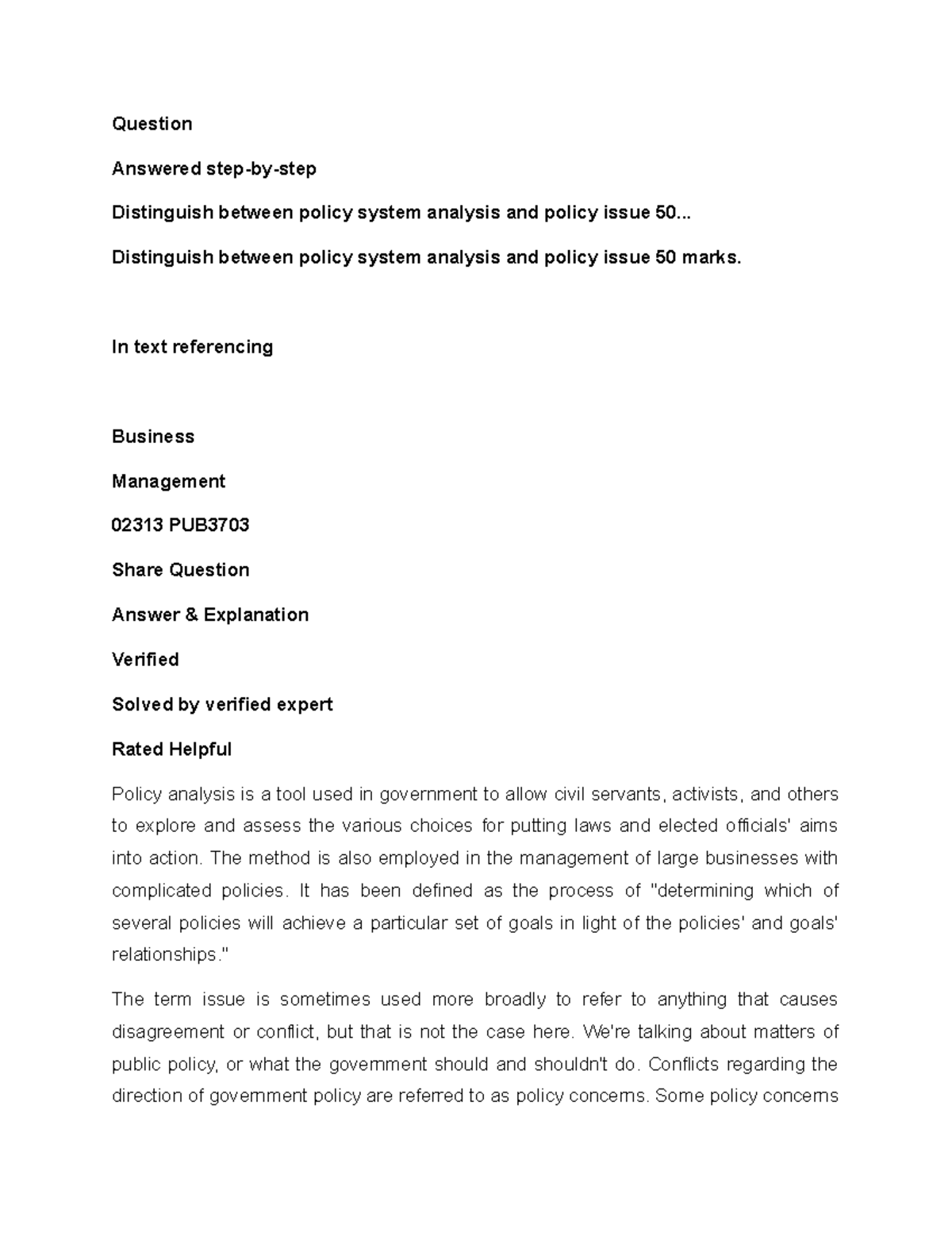 Policy System & Policy Issue Analysis - Question Answered step-by-step ...