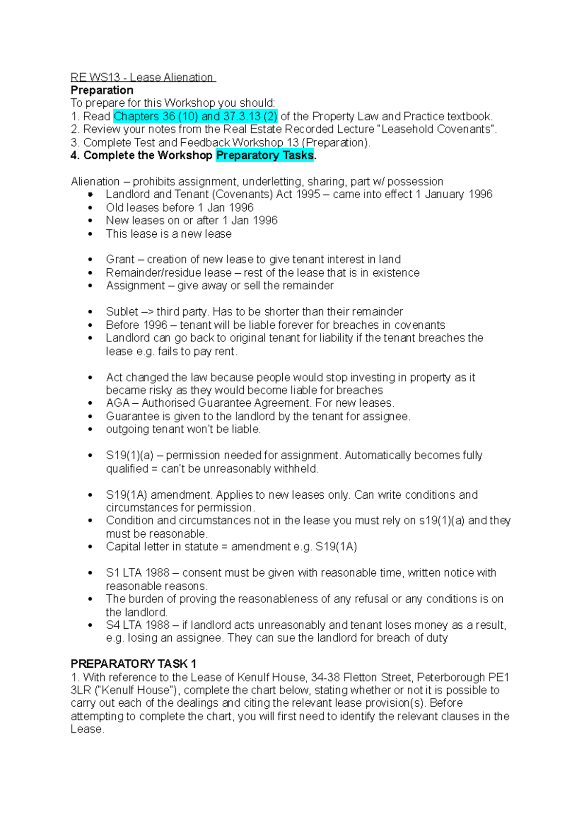 RE WS13 notes - RE WS13 - Lease Alienation Preparation To prepare for ...