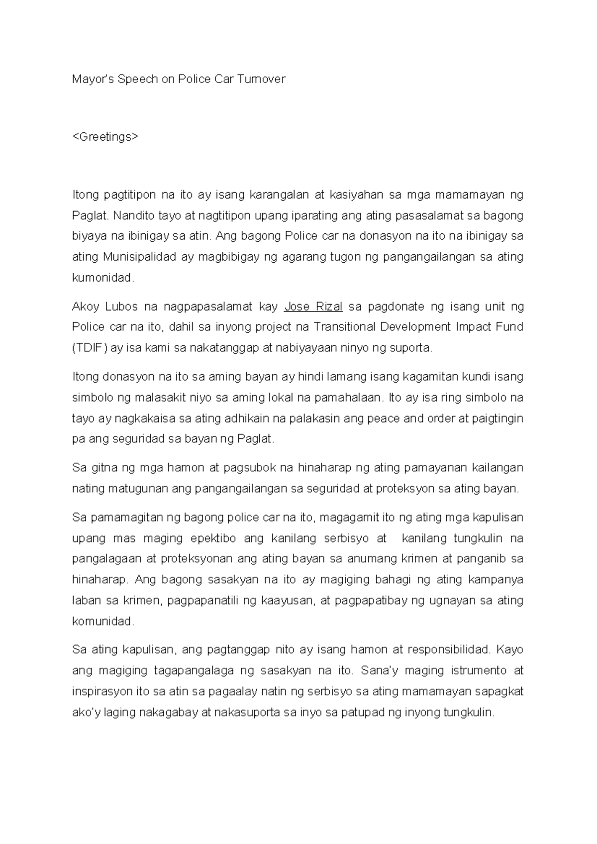 Mayor's speech on Police Car turnover - Mayor’s Speech on Police Car ...