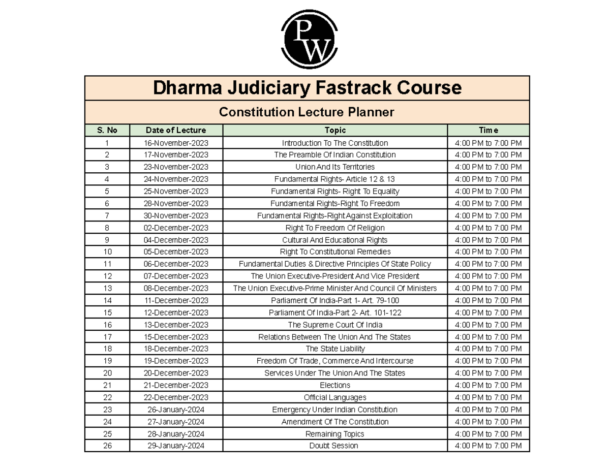 Constitution Lecture Planner (Only PDF) - Dharma Judiciary Fastrack Course Constitution Lecture ...