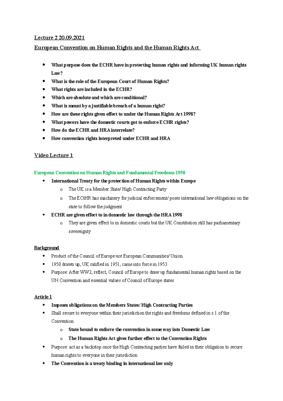 Lecture 2.1 Human Rights - Lecture 2 20. European Convention on Human ...