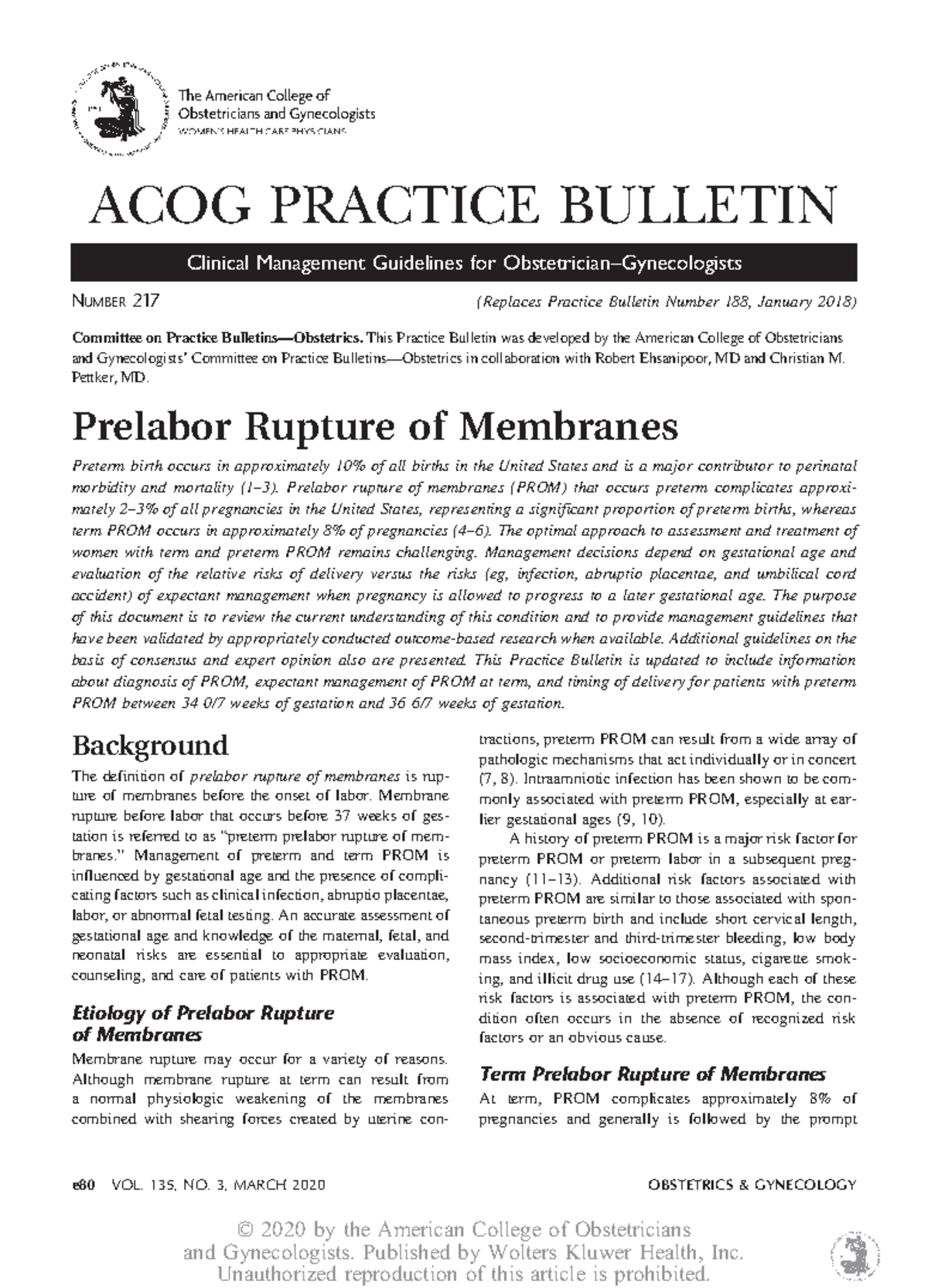 Prelabor Rupture of Membranes ACOG Practice Bulletin, Number 217 - ACOG ...