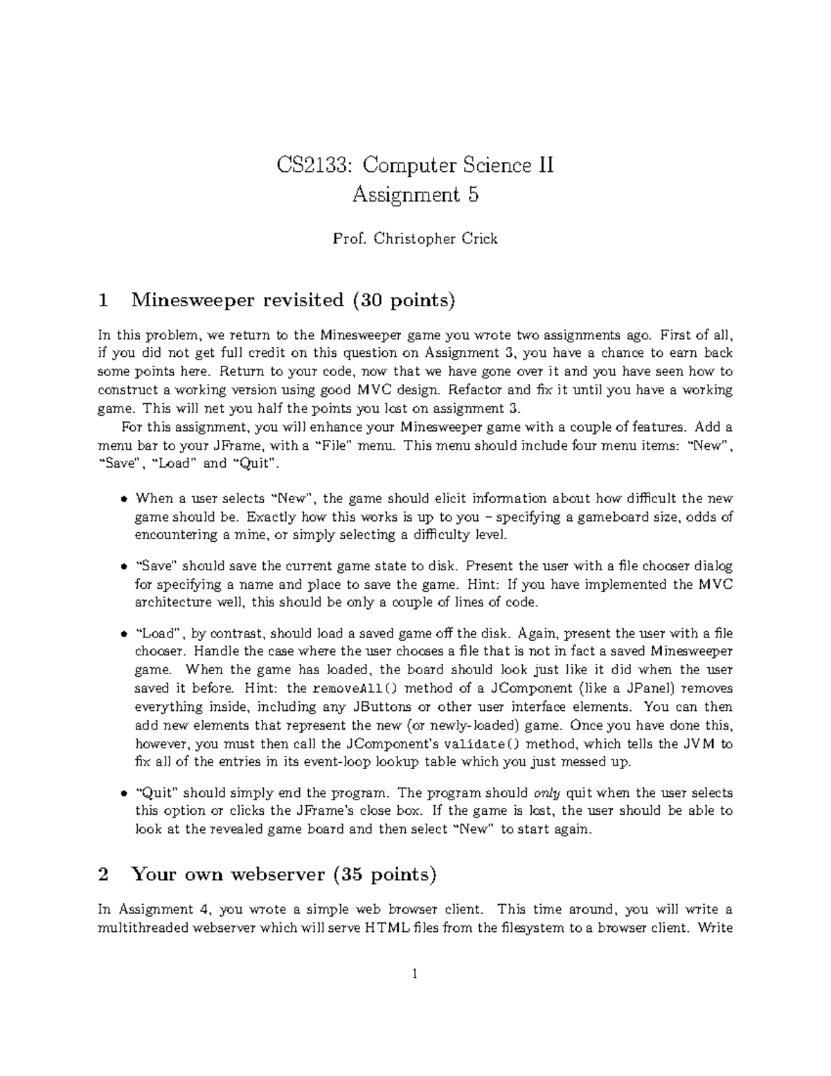 Assignment 5 Cs2 Cs2133 Computer Science Ii Assignment 5 Prof Christopher Crick 1