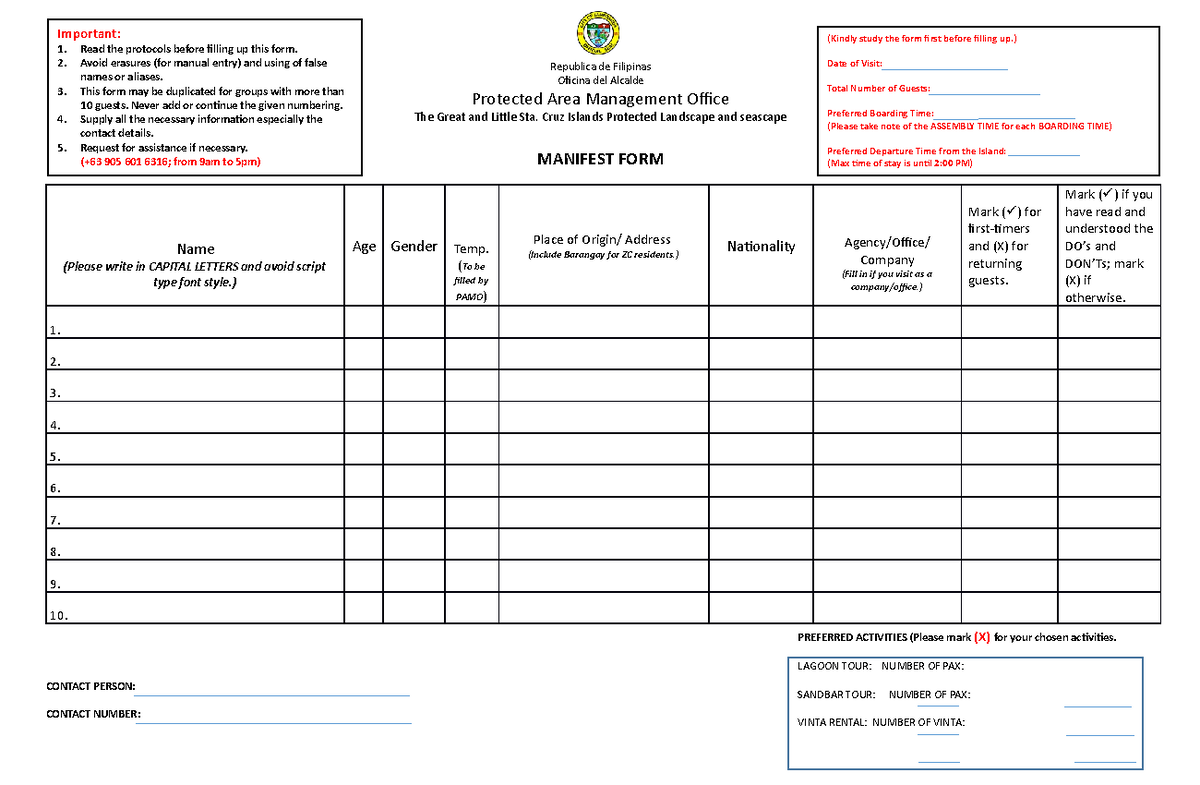 Manifest FORM Updated Alert 1 200 - CONTACT PERSON: CONTACT NUMBER ...