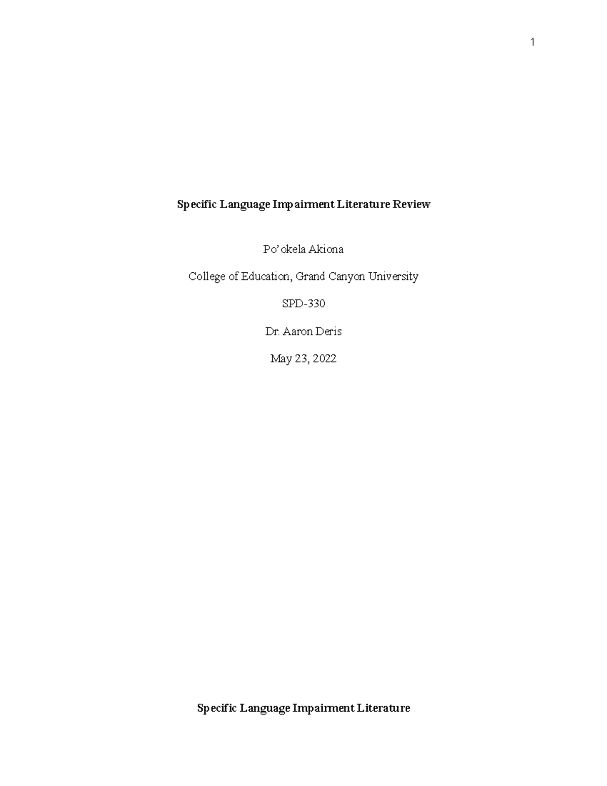 Po'okela Akiona Specific Language Impairment Literature Review - Specific Language Impairment ...
