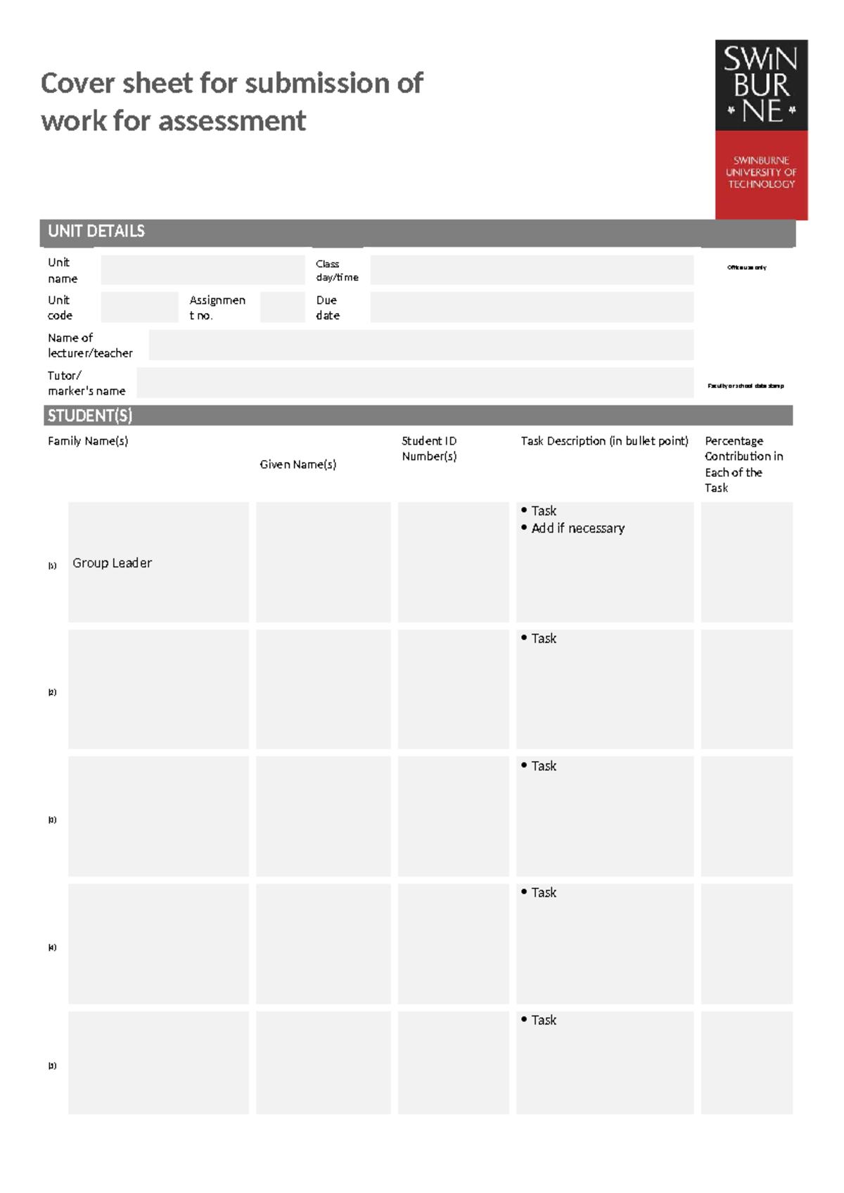 Coversheet - Cover sheet for submission of work for assessment UNIT ...