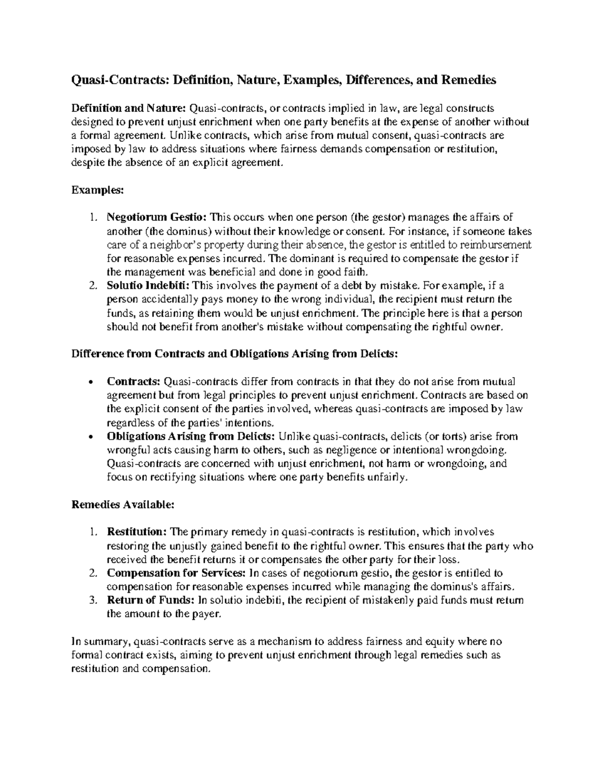 Difference from Contracts and Obligations Arising from Delicts - Quasi ...