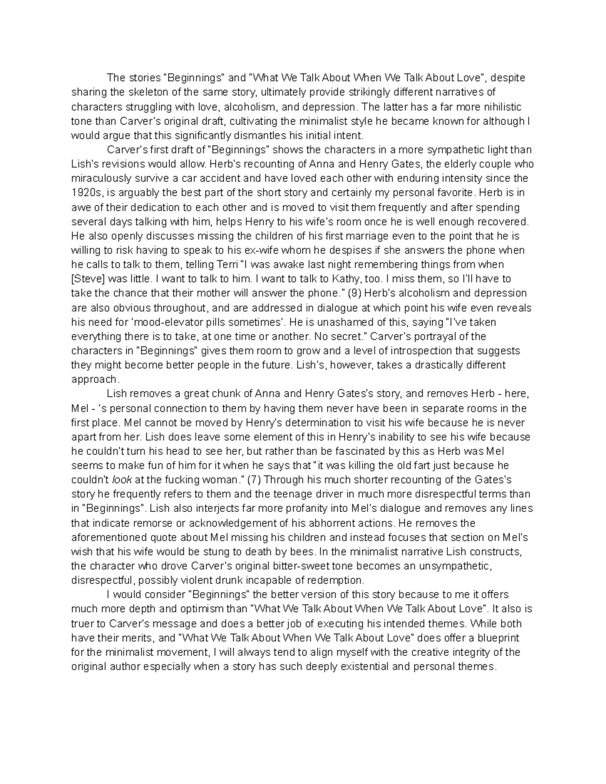 Week 9 - Carver (revised) - The stories “Beginnings” and “What We Talk ...