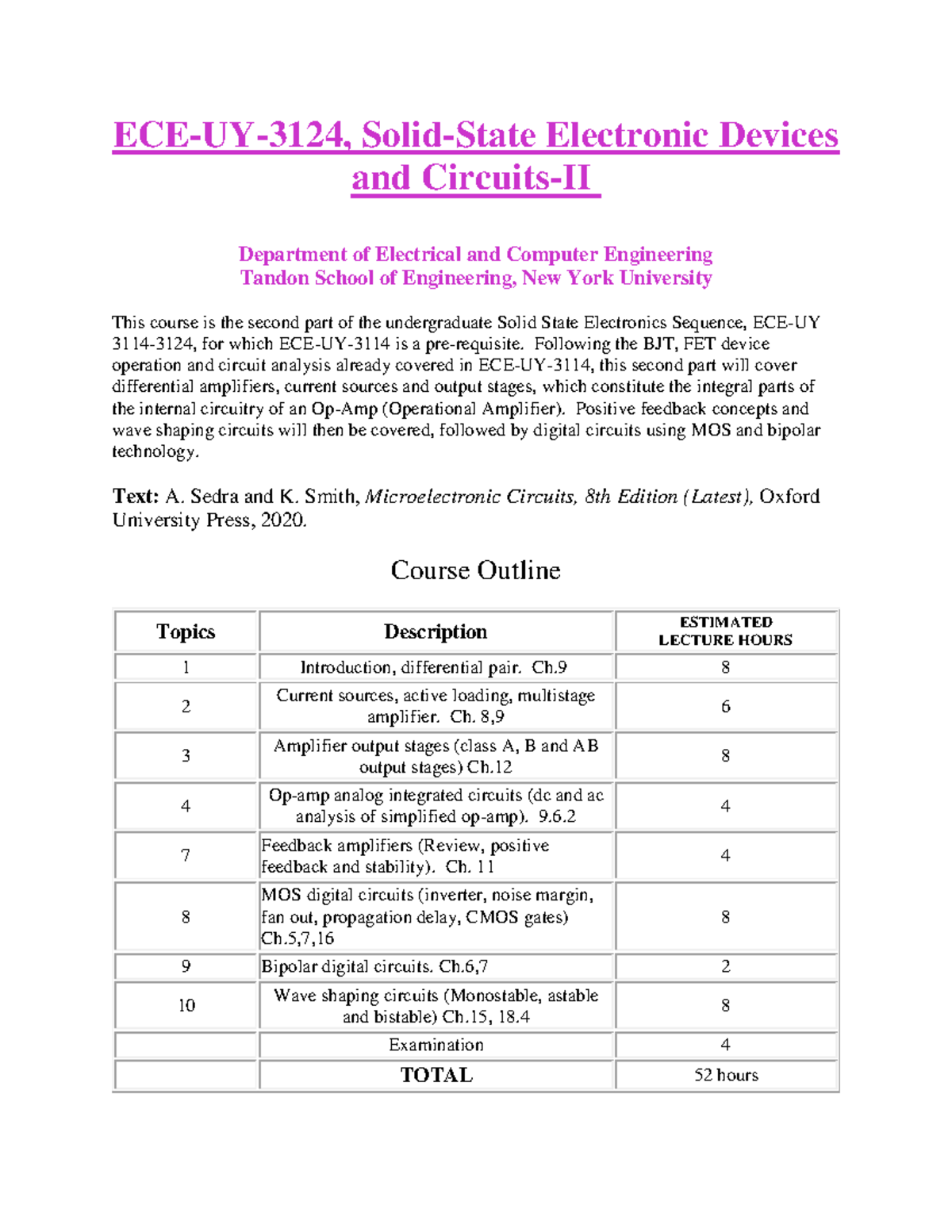 ECE UY 3124 F20 - Syllabus - ECE-UY-3124, Solid-State Electronic Devices and Circuits-II ...