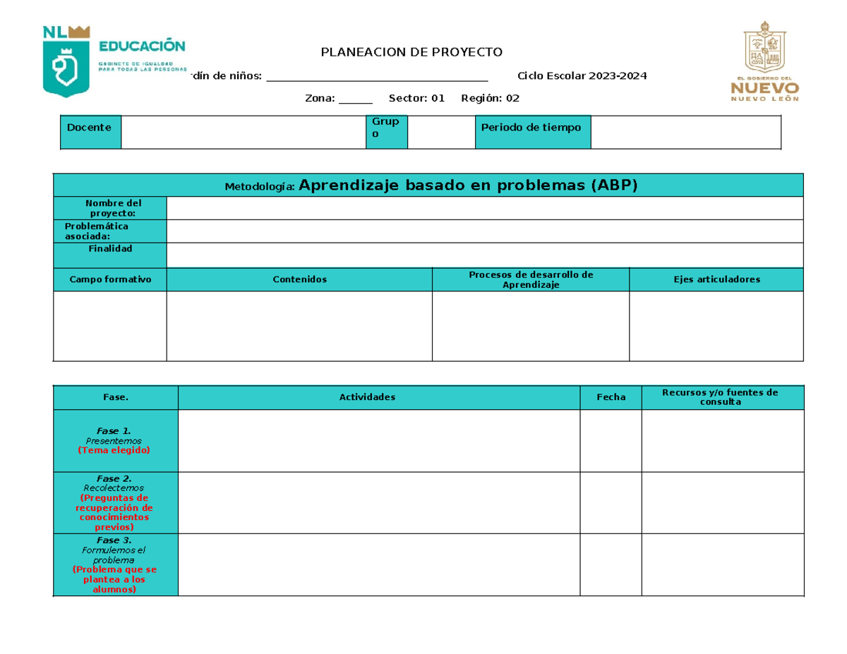 Formato DE Formato Aprendizaje basado en problemas (ABP) - PLANEACION DE PROYECTO Jardín de ...